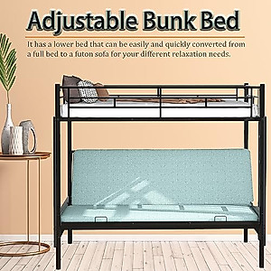 Twin-Over-Futon Convertible Couch and Bed, Metal Futon Bunk Bed with Guardrails and Ladder, Sturdy Steel Foldable Sofa-Bed for Kids Adults Teens (Twin Over Full Metal Bunk Bed, Twin)