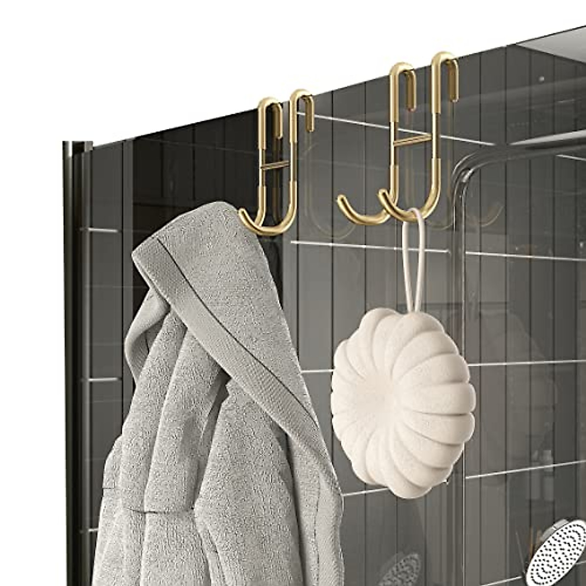 HuJiao-Zi Shower Door Hooks (Pack of 2), Door Hooks for Bathroom Frameless Glass Shower Doors, Towel Hooks, Shower Squeegee Hooks, Robe Coat Clothes Hooks (Gold)