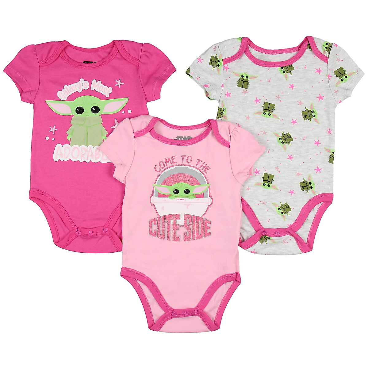 Happy Threads Star Wars Infant Baby Girls Come to The Cute Side Grogu Baby Yoda One Piece Pajama Romper 3 Pack (0-3 Months) Pink