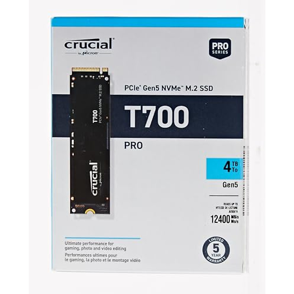 Crucial T700 4TB Gen5 NVMe M.2 SSD - Up to 12,400 MB/s - DirectStorage Enabled - CT4000T700SSD3 - Gaming, Photography, Video Editing & Design - Internal Solid State Drive