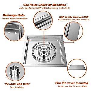 Skyflame 18 inch Square Stainless Steel Drop in Fire Pit Burner Pan with Burner Ring and Protective Cover