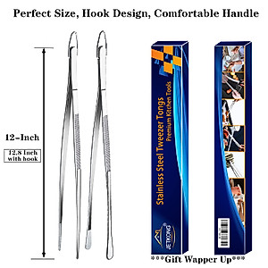 JETKONG 2 Pcs 12-Inch Kitchen Tweezers Fine Tweezer Tongs, Extra-Long Stainless Steel Cooking Tweezers (Silver)