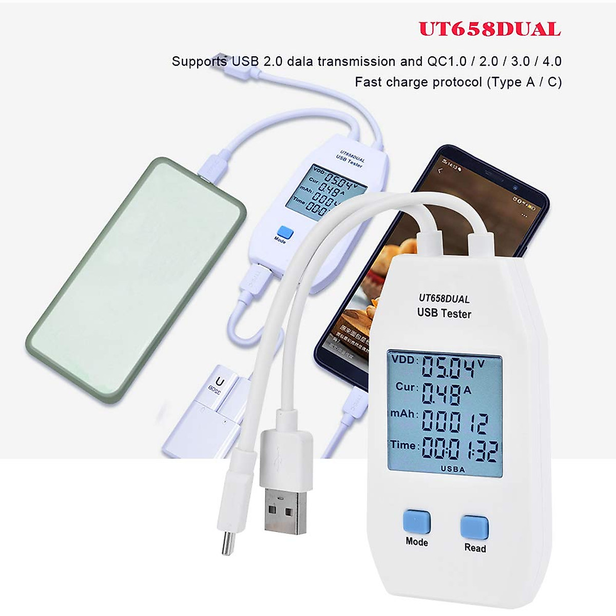 Digital USB Tester Power Capacity Tester Meter Voltmeter Ammeter LCD ABS Meter (UT658 Dual)
