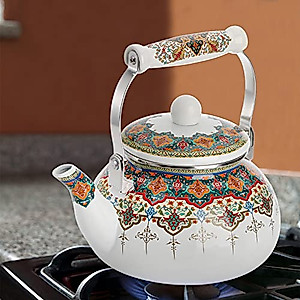 ZOOFOX Ceramic Enamel Tea Kettle, 2.6 Quart Large Floral Colorful Teapot with Handle for Stovetop, Retro Hot Water Tea Kettle Pot, No Whistling