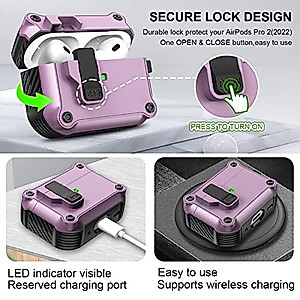 YIPINJIA Case for Airpods Pro 2nd/1st Generation with Lock, PC+TPU Silicone Air pods Pro 2 Case for Men Women, Shockproof Protective Case Cover for AirPods Pro 2/1 with Lanyard & Keychain (Purple)