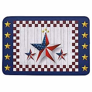 July 4th Bath Rugs USA Flag Patriotic Stars Independence Day Holiday Sponge Doormat Absorbent Non Slip Backing Flannel Mat Red Plaid Wood Grain Memory Foam Mats for Bathroom Kitchen16 x24