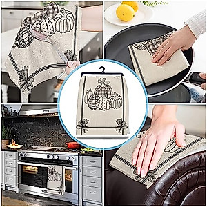 Kitchen Towels Dish Towel Set of 2,Autumn Thanksgiving Sketch Pumpkin Absorbent Hand Towels Cleaning Dishcloth Tea Towels,Fall Farm Harvest Retro Linen Reusable Drying Dish Cloths