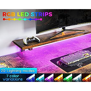 ODK U Shaped Desk with Power Outlets & LED Strip & Monitor Stand, 66" Reversible L Shaped Desk with Drawers and Storage Shelf, Home Office Gaming Desk, Vintage