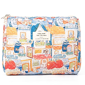 Cotton Quilted Makeup Bag Cut Cosmetic Pouch Large Capacity Flap Handheld Travel Cosmetic Bag Kawaii Coquette Aesthetic Floral Toiletry Bag for Women (Bunny)