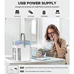 Portable Air Conditioner Fan, USB Rechargeable Portable AC, 3 Speeds Adjustable Personal Small Cooling Fan, 4IN1 Desk Mini Fan with Humidifier &LED Light for Room Travel, Gifts for Fathers, Men, Women
