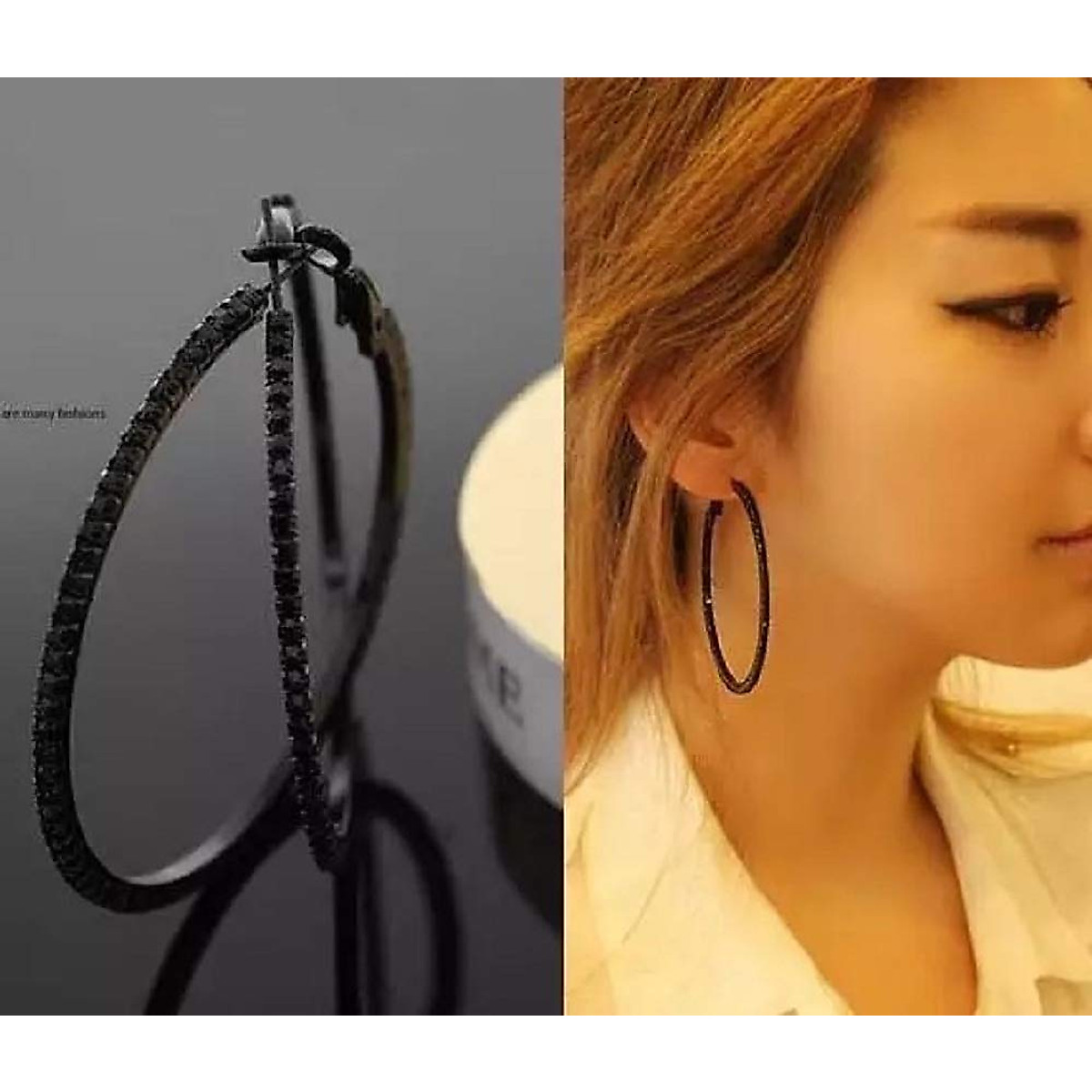 Silver Plated Women Hoop Earrings Bridal Wedding Black White Pink Crystal Rhinestone EarBrings (Black)