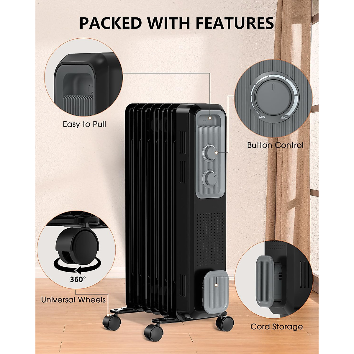 R.W.FLAME Oil Filled Radiator Heater,1200W Electric Space Heaters with 3 Heat Settings,Adjustable Thermostat,Overheat & Tip-Over Protection,Quiet Radiator Heater for Home Office Indoor Use (Black)