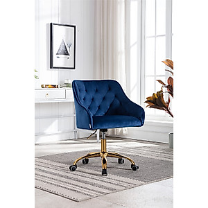 Warmiehomy Velvet Desk Chair with Wheels, Gold Base Office Chair Adjustable Ergonomic Computer Chair Tufted Back Swivel Vanity Chair for Office Living Room Bedroom,Navy