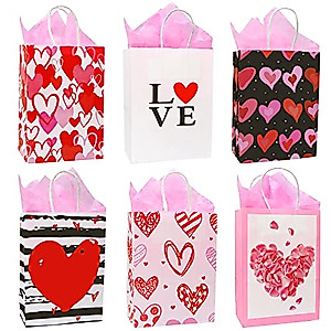Tuzuaol 12 Pack Valentines Day Gift Bag with Tissue Paper for Kids Valentines Paper Goodie Bags with Handle for Wrapped Gifts Party Supplies