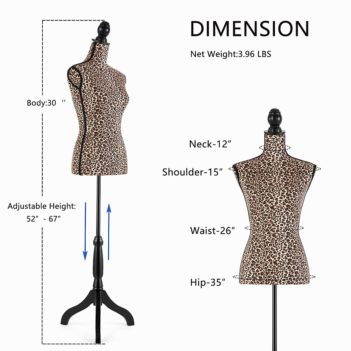 Encomle Dress Form Female Mannequin Torso, Height Adjustable Mannequin Body with Stand for Sewing, Display, Leopard Print