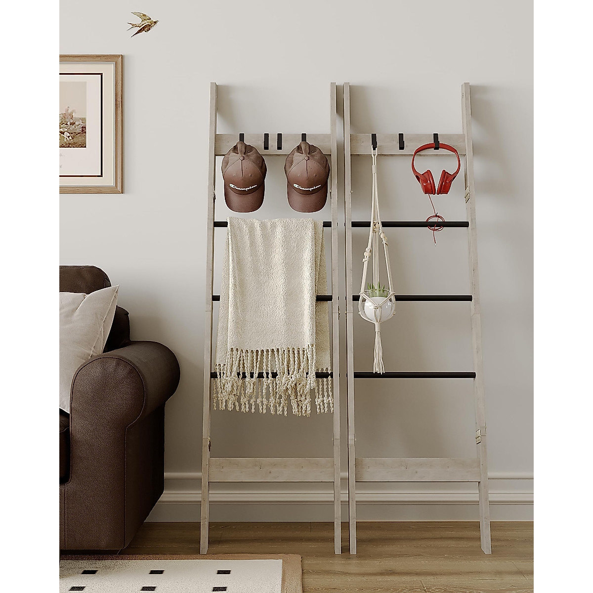 Hzuaneri Blanket Ladder for Living Room, Decorative Quilt Rack with 4 Removable Hooks, 5-Tier Farmhouse Ladder Holder Shelf Organizer for Bedroom, Greige and Black BR02105B