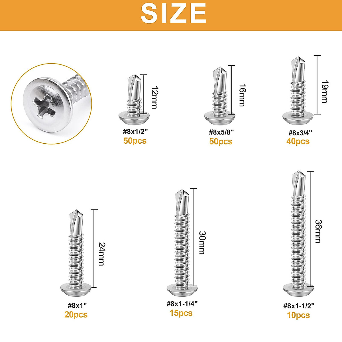 VIGRUE 185Pcs #8 Truss Head Self Tapping Screws, 410 Stainless Steel Low Profile Self Drilling Tek Screw Assortment Kit, Length 1/2'' to 1-1/2''