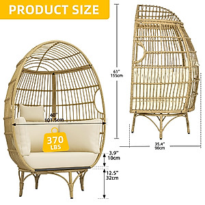 DWVO Outdoor Rotating Egg Chair, Patio Swivel Chair Oversized, 370lb Capacity, Anti-Slip, All-Weather Wicker Egg Lounger Chair for Indoor, Outside (Beige)