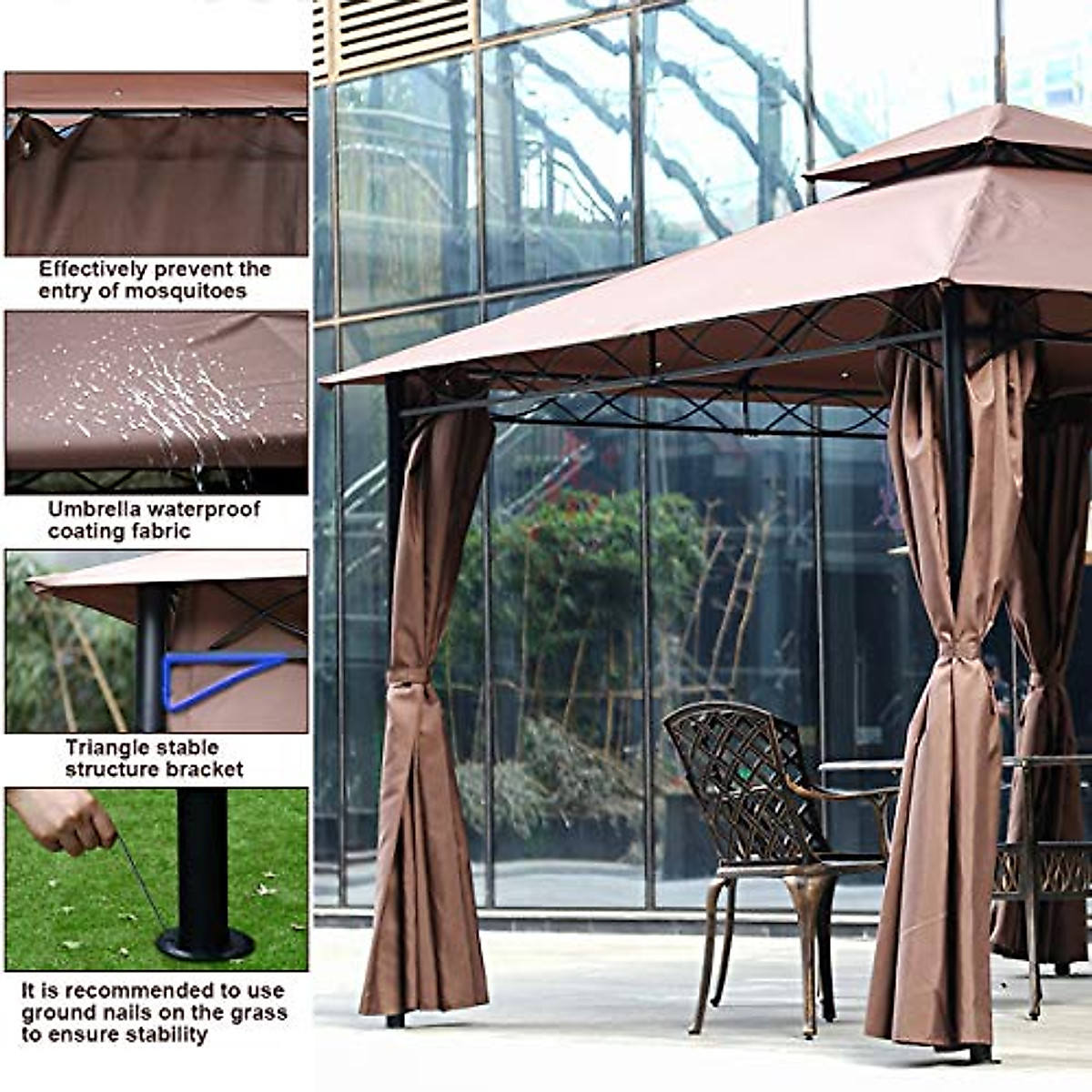 10' X 10' Gazebo Canopy Tent Outdoor Gazebo for Patios with Sidewall and Fabric,Large Party Tent,Metal Frame Water Resistant Wedding Tent,UV Block Sun Shade for Garden Backyard Lawns Deck,Brown