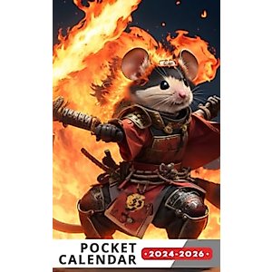 Pocket Calendar 2024 - 2026 With Moon Phase: Three-Year Monthly Planner for Purse , 36 Months from January 2024 to December 2026 | Samurai mouse | Blazing katana