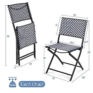 Tangkula 4-Piece Patio Dining Chairs, Outdoor PE Wicker Folding Chairs with Rustproof Frame, Potable Bistro Chairs for Backyard, Garden (4, Navy Blue + White)
