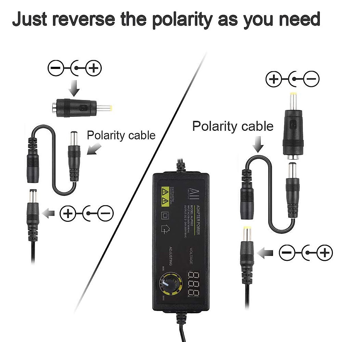 Universal 3V - 24V 1.5A 36W Adjustable DC Power Supply Adapter Speed Control Volt Display with Variable 8 Plugs and 1 Polarity Reverse Cable Cord