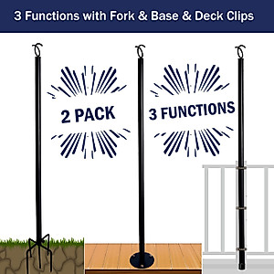 2 Pack 9ft String Light Poles with Upgrade Hooks, Premium 3 Functions Steel Lighting Pole - with Sturdy 5-Prong Fork and Metal Base, Poles for Outdoor String Lights - Party, Deck, Wedding Decorations