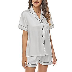 Eilshoji Pajamas for Women Shorts Set, 2 Piece Satin Silk Sleepwear Pj Lounge Sets (White,M)