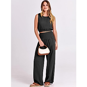 ANRABESS Women's 2 Piece Linen Lounge Set Casual Matching Pants Jumpsuit Summer Beach Travel Vacation Trendy Outfits Black Small