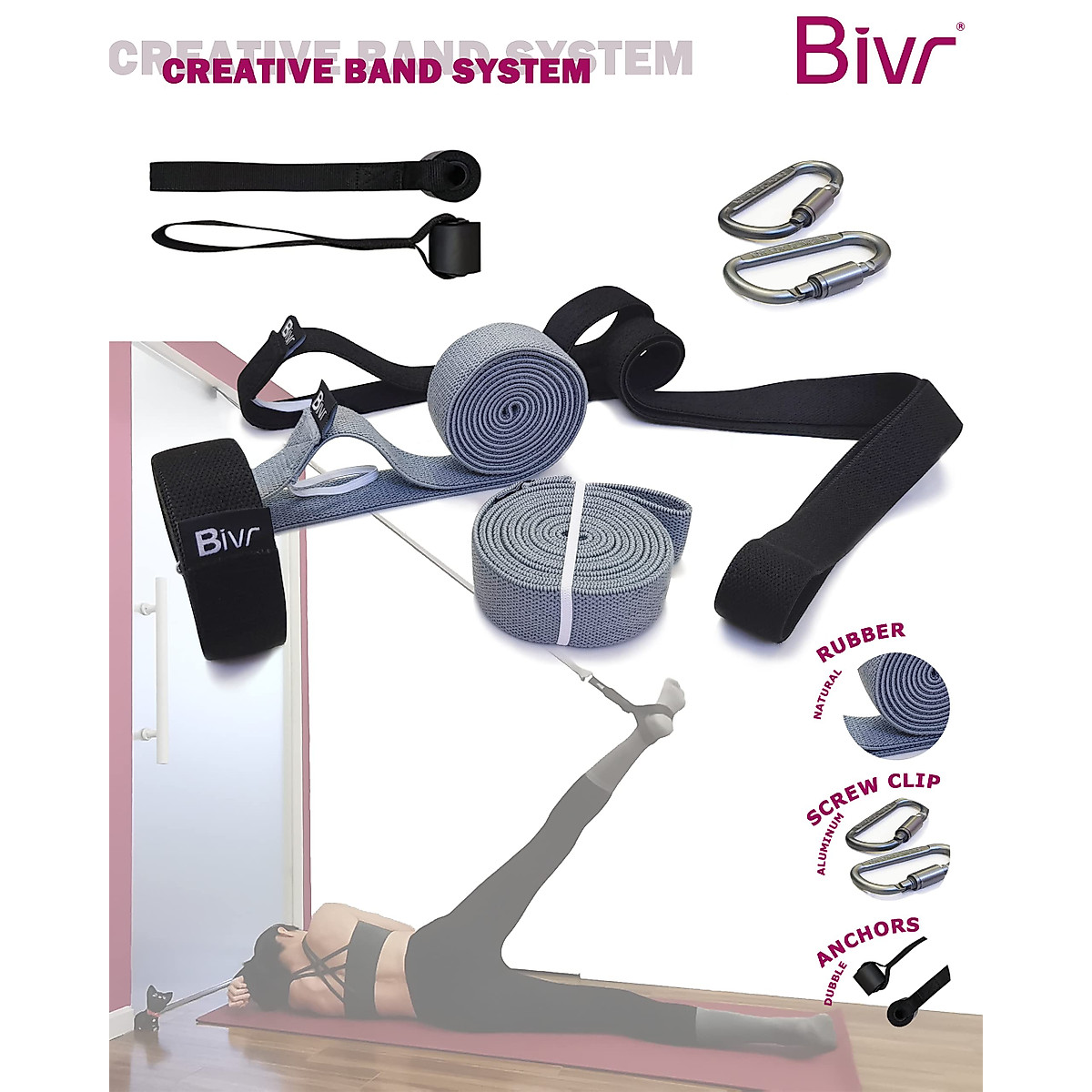 BIVR Portable Pilates Home Kit - Home Workout Equipment with Designed Pilates Loop Straps, Fabric Long Resistance Exercise Bands, Door Anchors and Aluminum Carabiners for Working Out as in Reformer