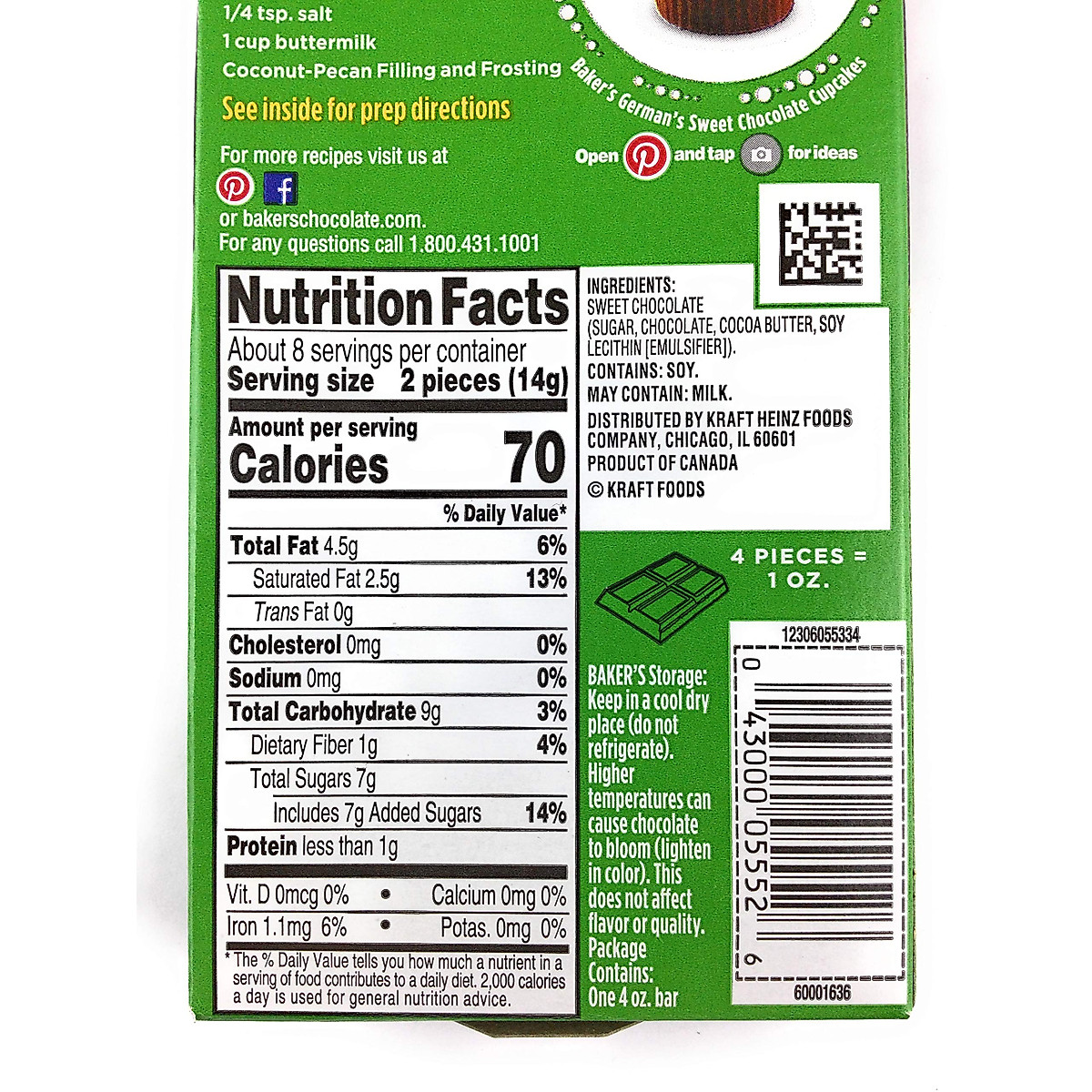 Bakers German's Sweet Chocolate Baking Bar (4 Pack) 4 Oz Ea.