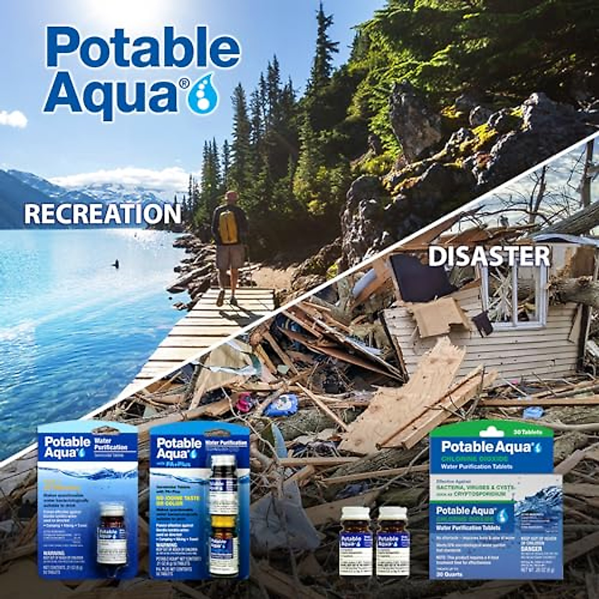 Potable Aqua Water Purification Tablets, Portable and Effective Water Purification Solution for Camping, Hiking, Emergencies, Natural Disasters and International Travel, Two 50ct Bottles, Blue