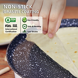 Crepe Pan Nonstick with Spreader Spatula, 11'' Granite Stone Coating Dosa Tawa Pan, Flat Skillet Grill for Tortilla, Omelette, Pancake Induction Bottom Glass, Ceramic, Gas Stove Top, Wooden Handle