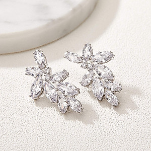 SWEETV Marquise Wedding Bridal Earrings for Birdes Bridesmaids, Silver Crystal Cubic Zirconia Cluster Stud Earrings for Women, Prom Party Jewelry Gifts