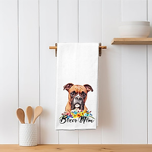Boxer Mom Floral Waffle Weave Microfiber Kitchen Hand Towel Gift for Dog Lover