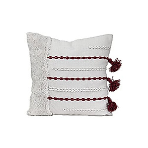 Foreside Home & Garden White Striped Woven 20x20 Outdoor Decorative Throw Pillow with Hand Tied Tassels, 20 x 20 x 5