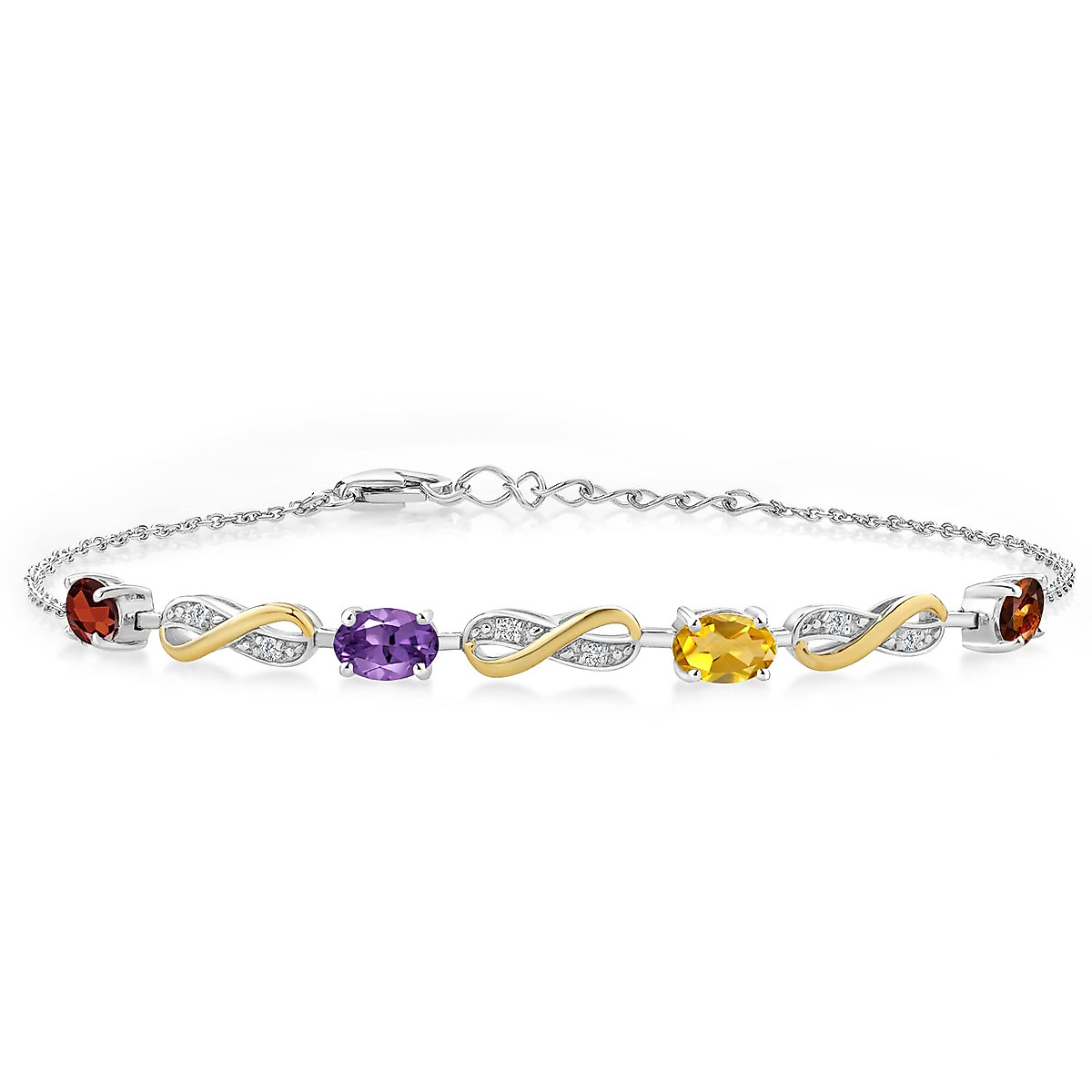Gem Stone King 925 Silver and 10K Yellow Gold Customized and Personalized 4-Stone Oval Gemstone Birthstone and Lab Grown Diamond Infinity Tennis Bracelet For Women | Fully Adjustable Up to 7.5 Inch