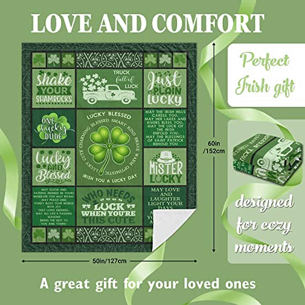 Gevuto St Patricks Day Blanket, St Patricks Day Decorations Throws 50" X 60", Irish Gifts for Saint Patricks Day, St Patricks Day Gifts, Ireland Clover And Shamrock Design, Lucky Clover Truck Blankets