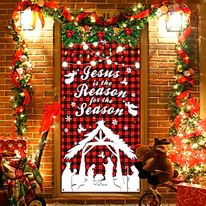 Christmas Nativity Door Cover Jesus is The Reason for The Season Christmas Door Decorations Banner Holy Religious Red Buffalo Plaid Porch Sign Backdrop Background for Xmas Holiday Party Supplies