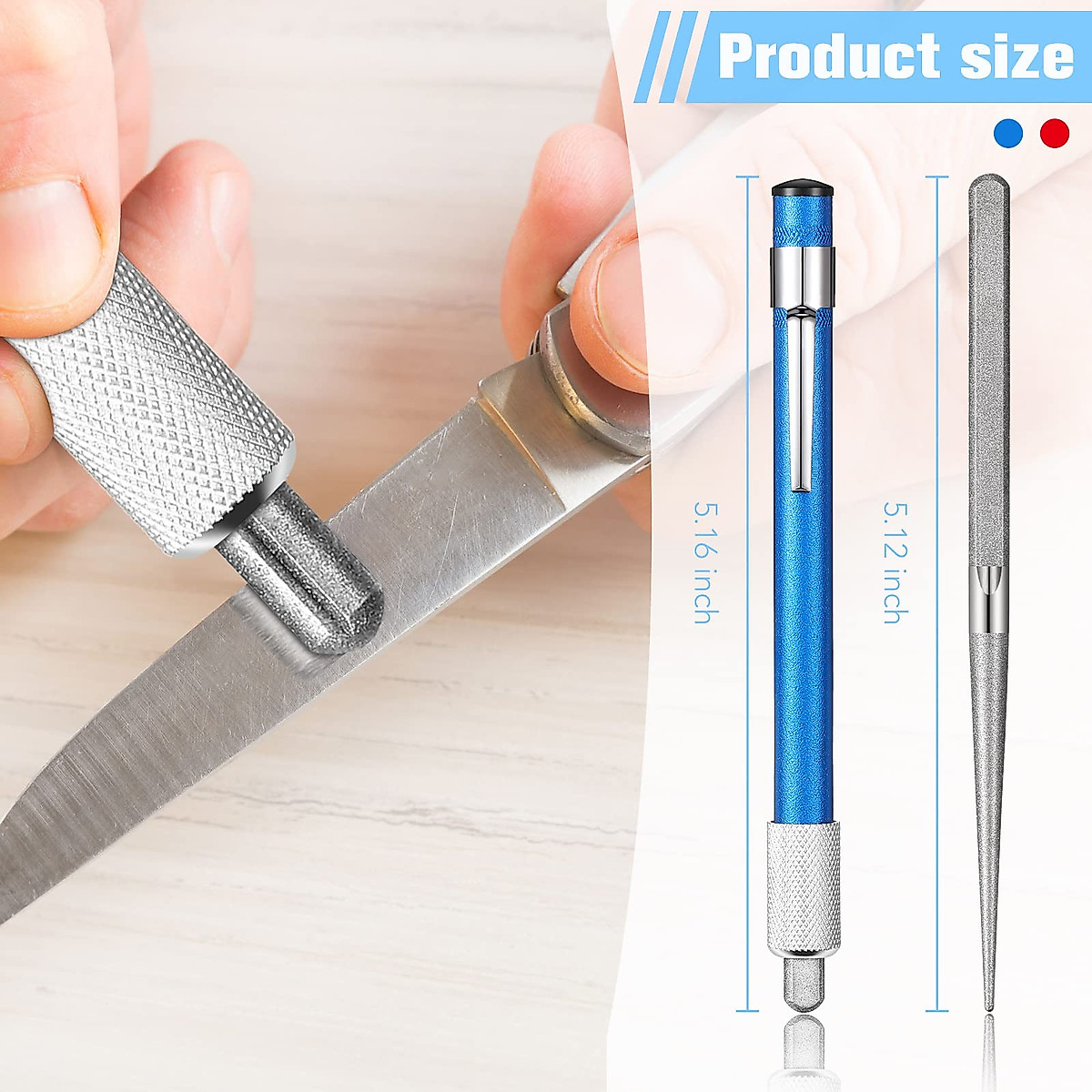 2 Pieces Diamond Retractable Knife Sharpener Steel Sharpening Rod for Kitchen Outdoor Serrated Stick Tools (Sky Blue, Red)