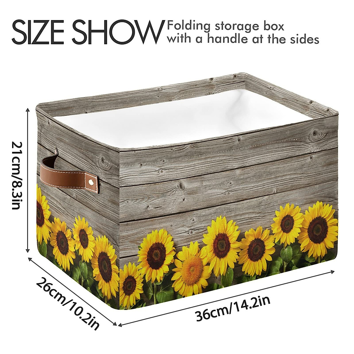 Sunflowers on Wooden Storage Basket Storage Bin Rectangular Collapsible Storage Box with Leather Handles Shelves Basket Organizer for Home, School