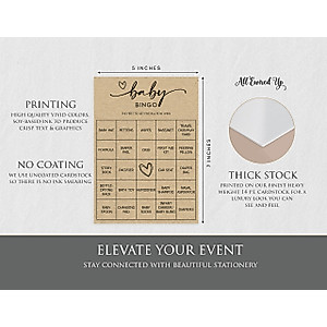 Baby Bingo Game (50 Unique Cards) Kraft Pre-Filled Fun Baby Shower Game Activity, Preforated Calling Cards, Gender Neutral Boy or Girl, Minimalist