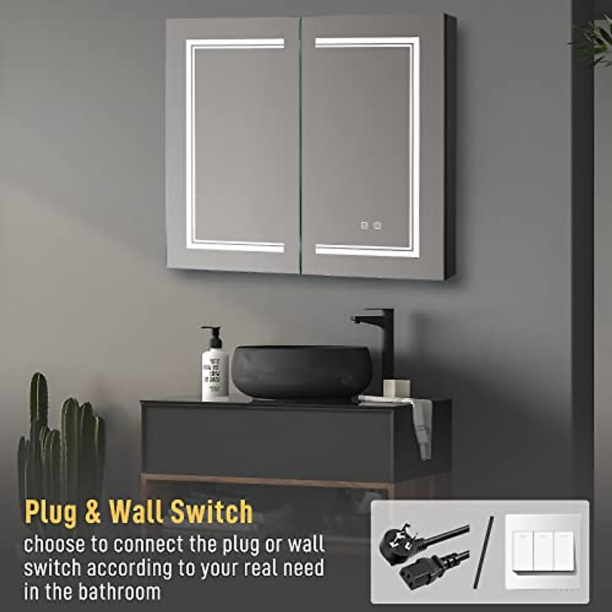 FCH Bathroom Medicine Cabinet with Dimmable LED Mirror, 32"×28" Anti-Fog LED Lighted Mirror Bathroom Cabinet Wall Mounted with 2 Outlets 2 USB Ports 2 Inside and Outside Mirror Doors
