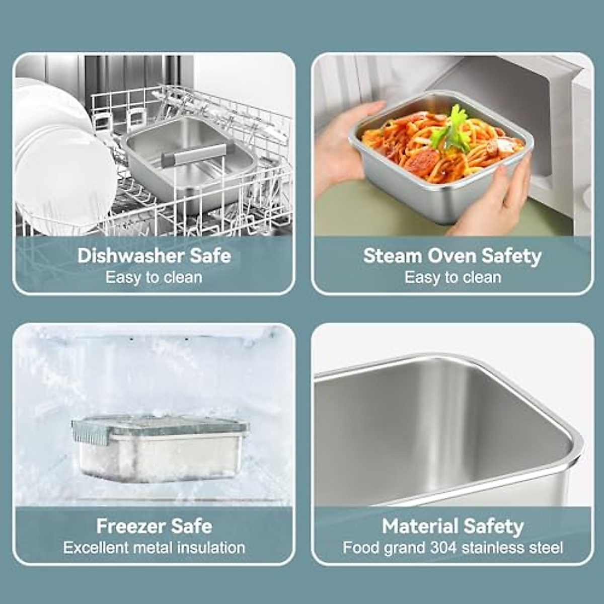 JXXM 4 Stainless Steel Food Storage Container Set With Lids - Easy Clean, Smell-Proof, Airtight & Leakproof Containers - 4Sizes (13oz/33oz/63oz/100oz) - 304 Stainless Steel(Blue lid)