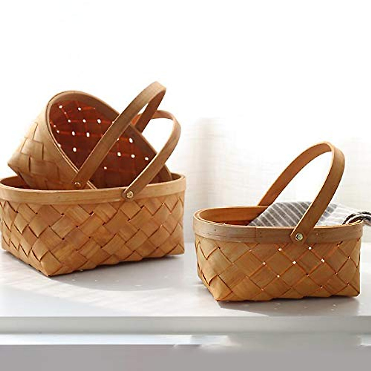Jteyult Handmade Rattan Storage Container Storage Basket Wooden Storage Basket with Handle Storage Container