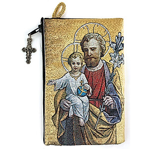 Catholic Rosary Pouch, Saint Joseph and Baby Jesus & Madonna and Child, 4" x 6" Jewelry & Coin Purse with Cross, Small Woven Tapestry Icon Bag, Bolsa de Rosario Católico para Joyería