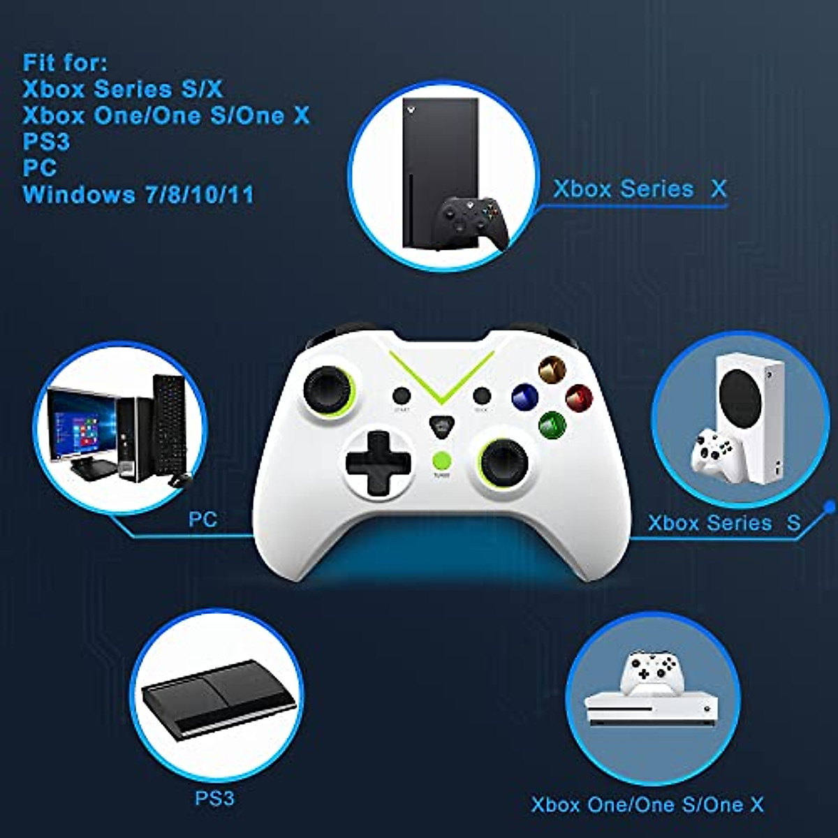 Gina Joyfurno Wireless Controller Compatible with Xbox One, Xbox Series S/X/360/PC/PS3/Windows 7/8/10/11, Built-in Dual Vibration with 2.4GHz Connection, USB Charging, LED Backlight (Green)
