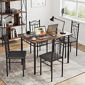 Aobafuir Kitchen Dining Room Table Sets for 4, 5 Piece Metal and Wood Rectangular Breakfast Nook, Dinette with Chairs, Industrial Retro Brown