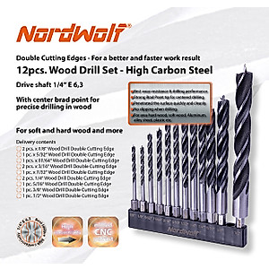 NordWolf 12-Piece Brad Point Wood Drill Bit Set for Carpenter Woodworking, Double Flutes Design with 1/4" Hex Shank, SAE Sizes 1/8" to 1/2"
