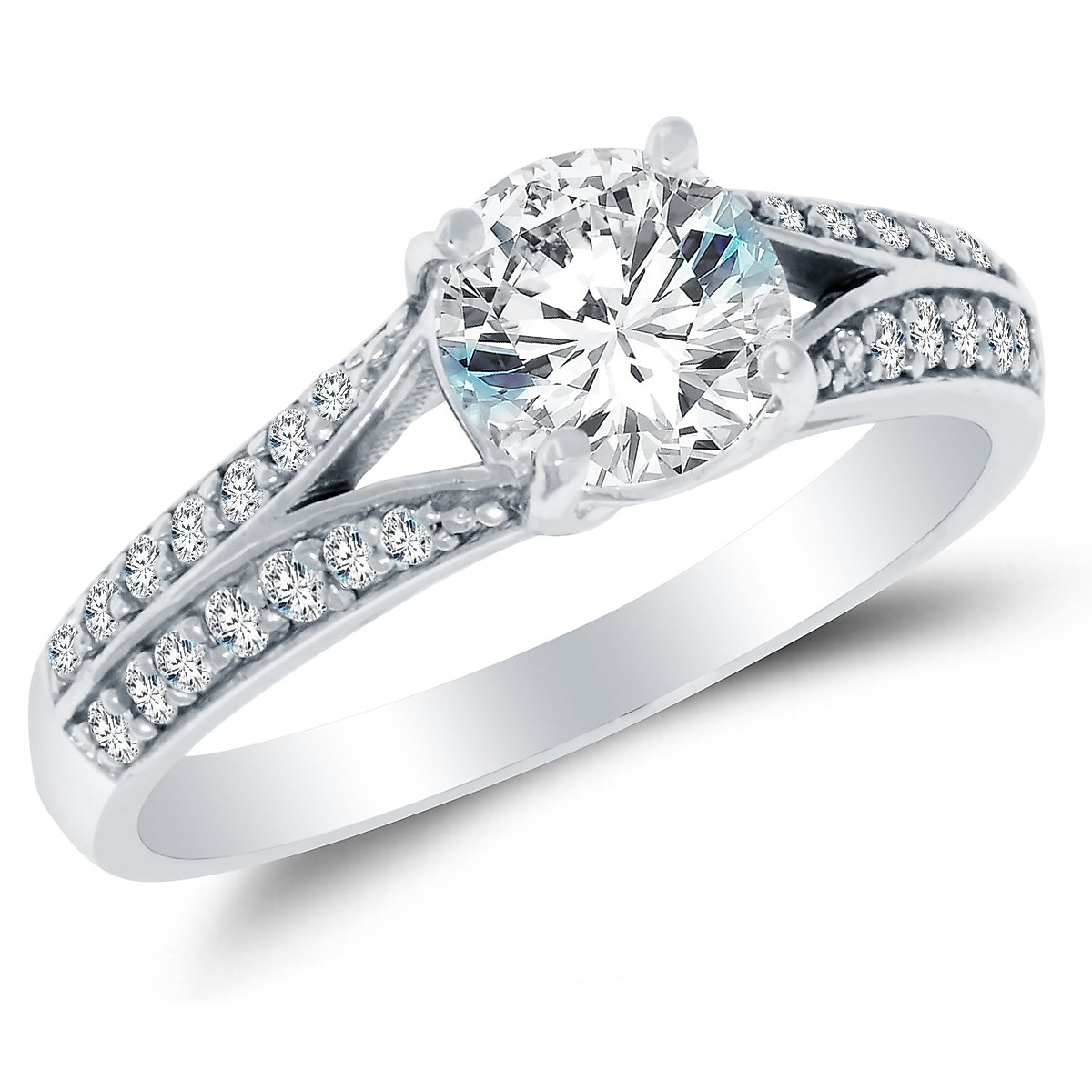 Size 8 - Solid 14k White Gold CZ Cubic Zirconia Engagement Ring - Round Brilliant Cut Solitaire with Round Side Stones (1.5cttw., 1.0ct. Center)